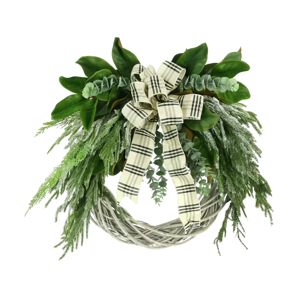 28" Holiday Wreath with Snowy Pine Branches, Eucalyptus and Plaid ...