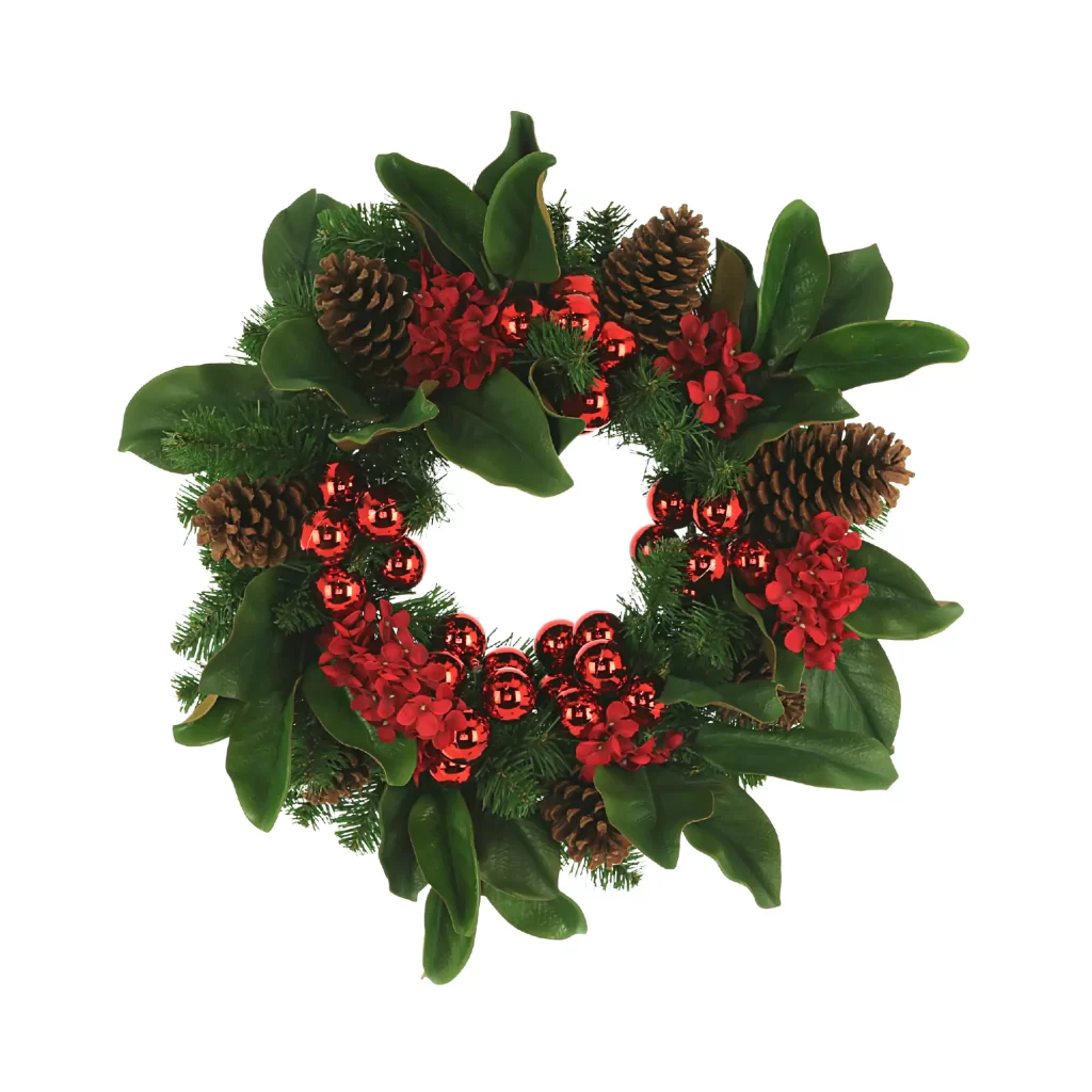 22" Evergreen Holiday Wreath with Hydrangeas, Magnolia Leaves and ...