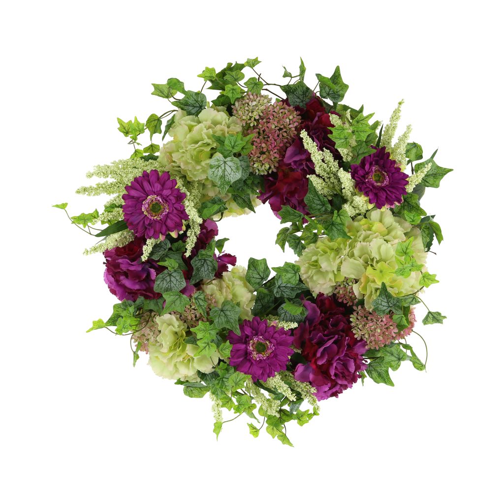 27" Spring Wreath with Gerbera, Hydrangeas and Ivy - Playtpus Home